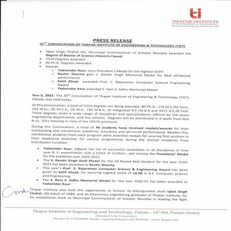 35TH CONVOCATION OF THAPAR INSTITUTE OF ENGINEERING & TECHNOLOGY (TIET) | PDF