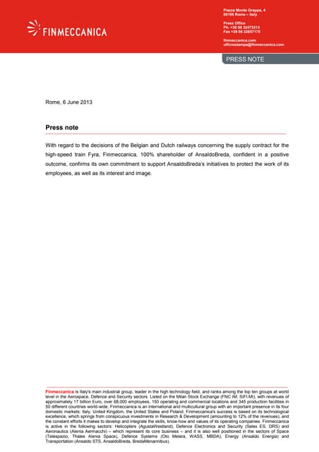 Finmeccanica: Alenia Aermacchi signs USD 141 million contract | PDF