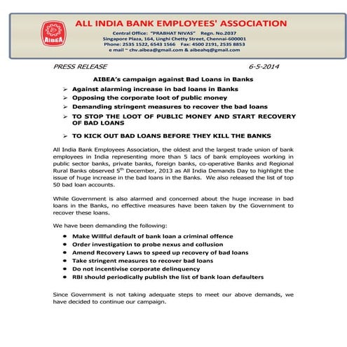 Defaulters list - AIBEA’s campaign against Bad Loans in Banks | PDF