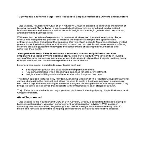 Turjo Wadud Launches Turjo Talks Podcast to Empower Business Owners and ...