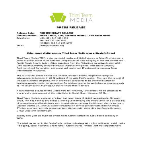 Press Release - Cebu-based Digital Agency Third Team Media Wins a ...