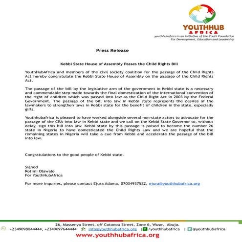 Press Release: Kebbi State House of Assembly Passes the Child Rights ...