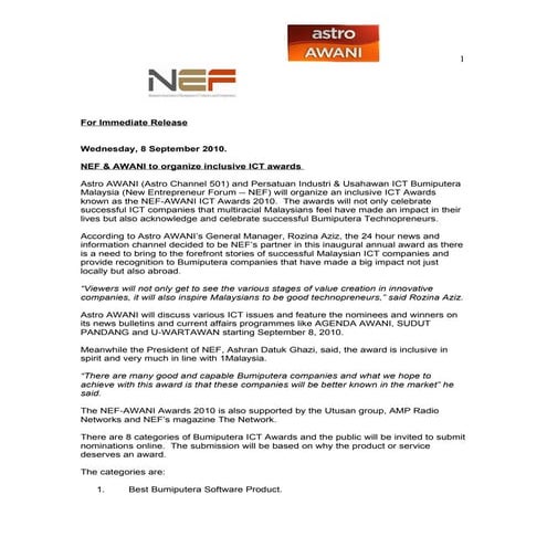 Press release_NEF-Awani ICT Awards 2010-English | PDF