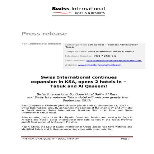 Swiss International continues expansion in KSA, opens 2 hotels in ...
