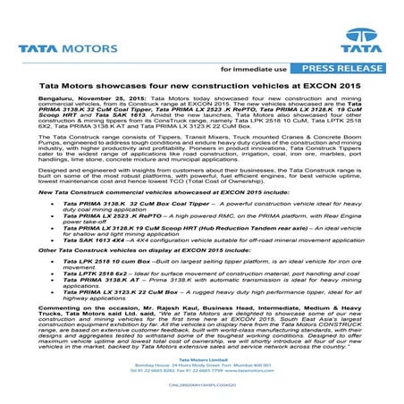 Press release tata motors launches four new high-powered vehicles from ...