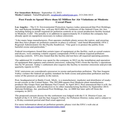 Press Release - EPA - Post Foods to Spend More than $2 Million for Air ...