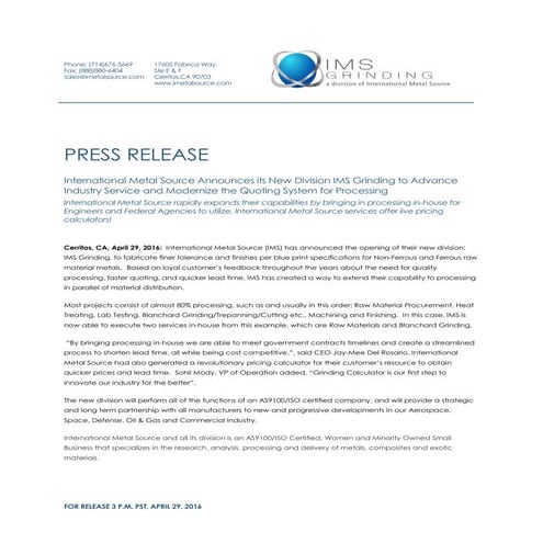 Immediate Press Release: IMS Grinding | PDF