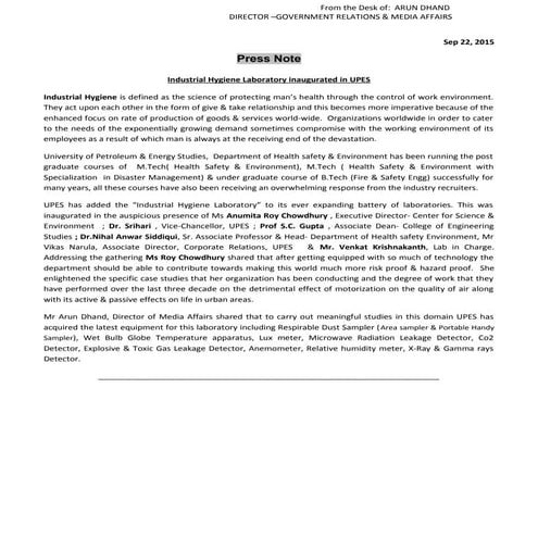 Inauguration of the Industrial Hygiene Laboratory at UPES | DOC ...