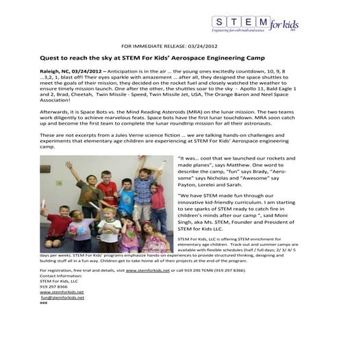 Quest To Reach The Sky At Stem For Kids’ Aerospace Engineering Camp | PDF