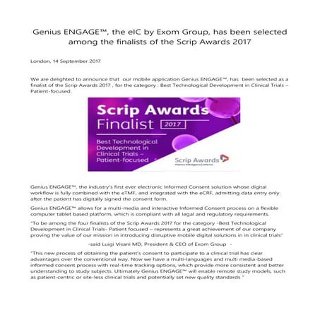 Press release scrip awards 2017 finalist genius engage (14 sept.2018) | PDF