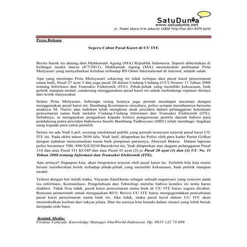 Press release segera cabut pasal karet di uu ite | PDF