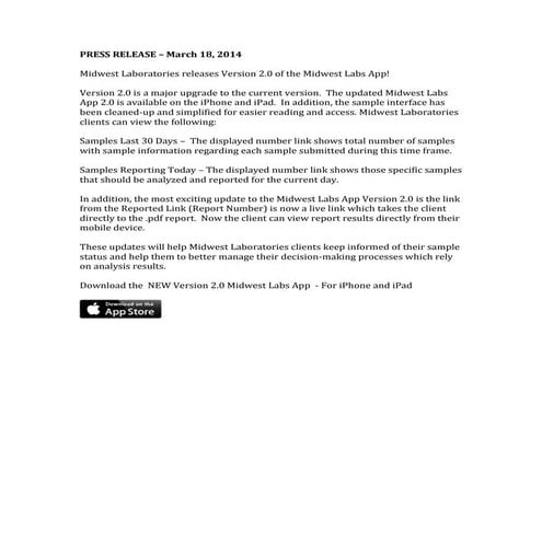 Midwest Labs App Version 2.0 Released | PDF