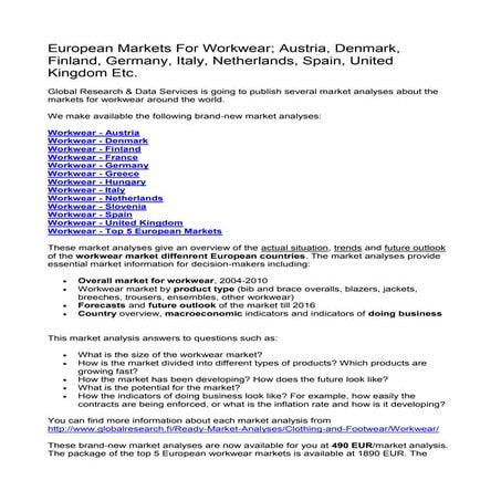 European Markets For Workwear; Austria, Denmark, Finland, Germany ...