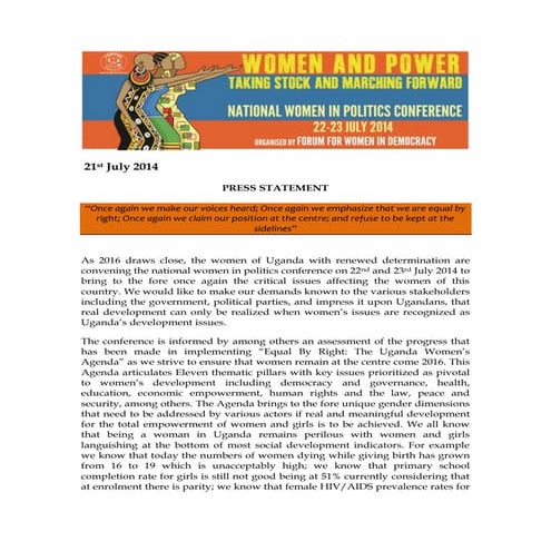 #WomenInPoliticsUG Pre-Conference Press Statement | PDF
