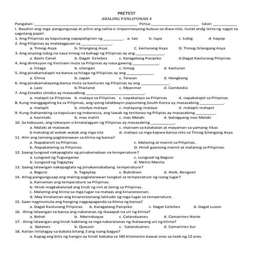 Pretest aral pan 4 | DOCX