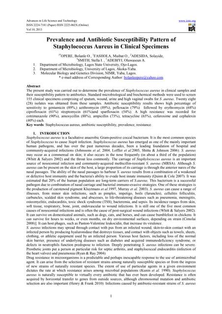 Prevalence and antibiotic susceptibility patterns of methicillin resistant staphylococcus aureus ...