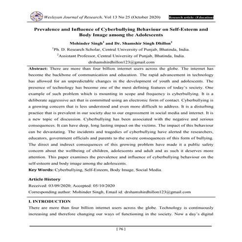 Prevalence and influence of cyberbullying behaviour on self esteem and body image among the ...