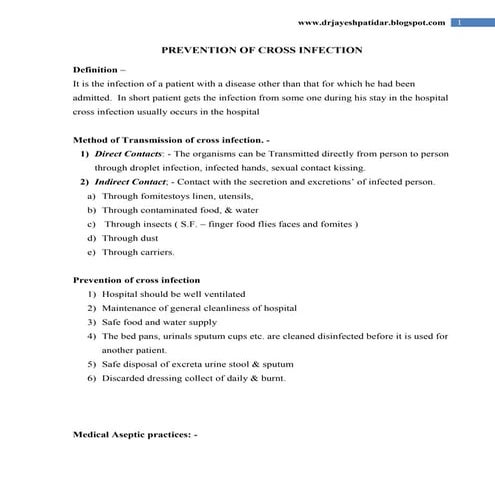 Prevention of cross infection | PDF