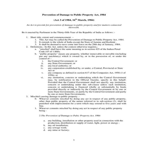 Prevention of damage to public property act, 1984 uploaded by James ...