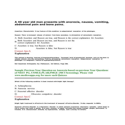 Previous year question on anorexia based on neet pg, usmle, plab and ...