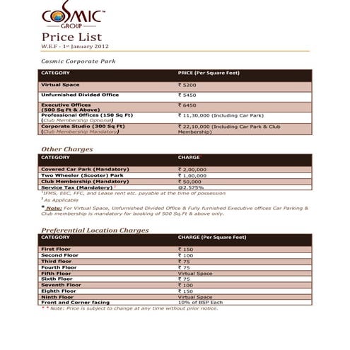 Pricelist 09958959555-cosmic corporate park | PDF | Apartments | Real ...