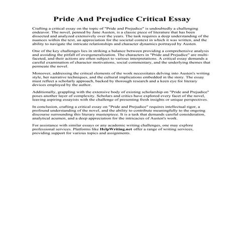 Pride And Prejudice Critical Essay. Critical Essay Topics For Pride And ...