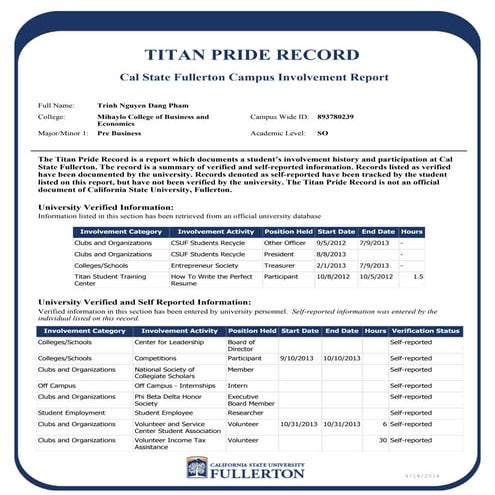 California State University Fullerton 's Pride Records | PDF