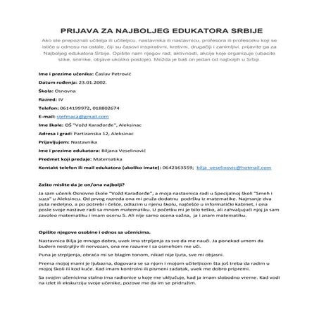 Prijava za konkurs najbolji edukator | PDF
