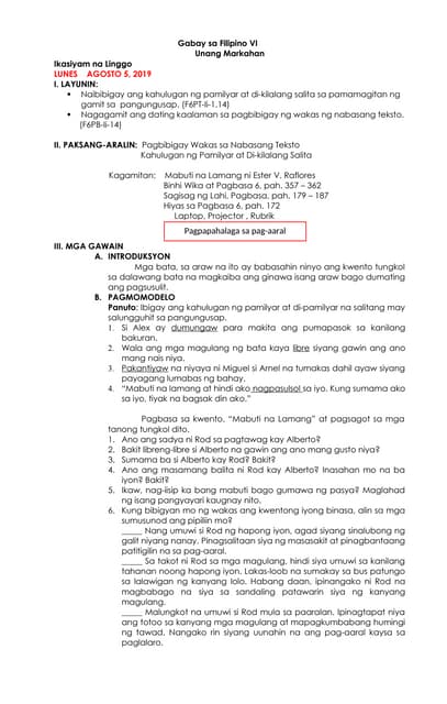 Filipino 6 dlp 21 mga katangian ng tauhan | PDF