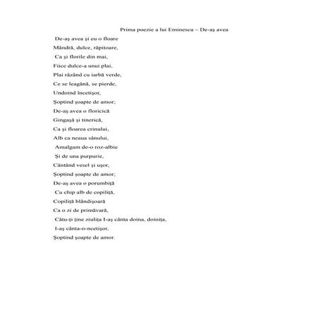 Prima poezie a lui Eminescu – De-aș avea | PDF