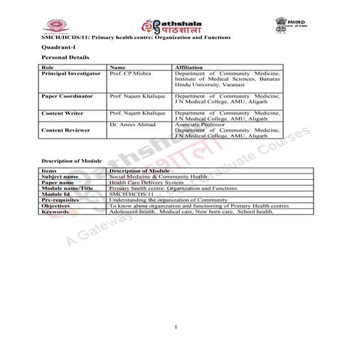 Primary health centre organization and functions | PDF