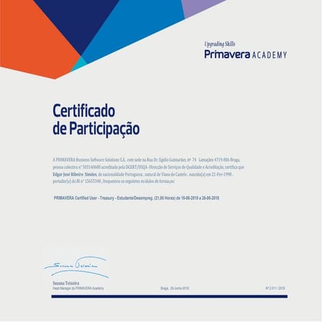 PRIMAVERA Certified User - Treasury | PDF