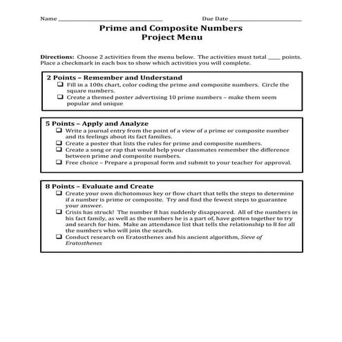 Prime and composite numbers menu | DOCX