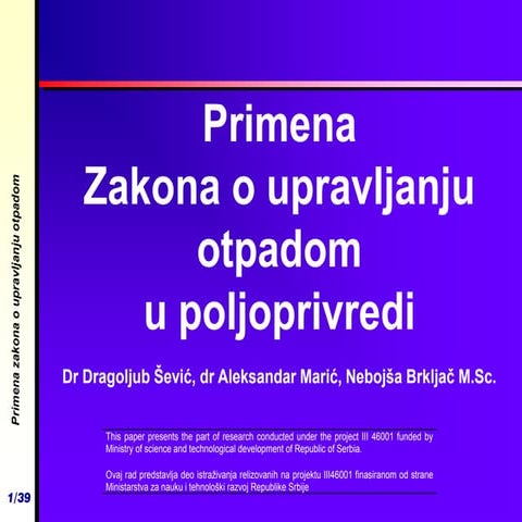 Primena Zakona o upravljanju otpadom u poljoprivredi | PPT