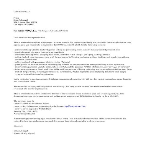 Prime Now LLC murder conspiracy request for settlement | PDF