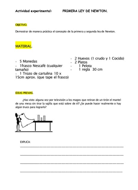Hoja De Trabajo Sobre La Primera Ley De Newton