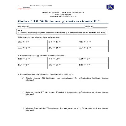 Primero guía n°10 adiciones & sustracciones ii | DOCX