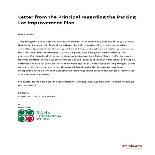 Principals Letter - Parking Lot Improvement Plan - Raha International ...