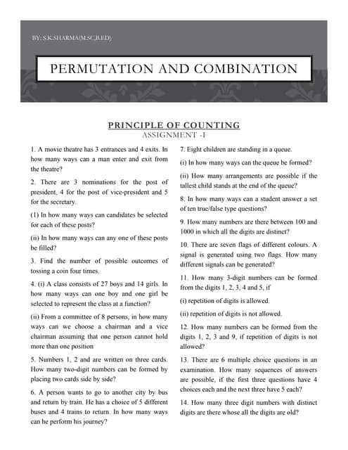 Assignment No 1 On Unit I Fundamental Principles Of Counting Pdf