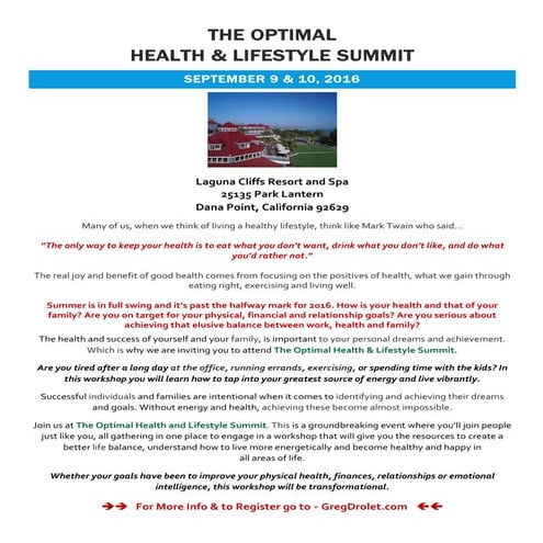 Peak Performance, Optimal Health & LIfestyle Summit at the beach | PDF