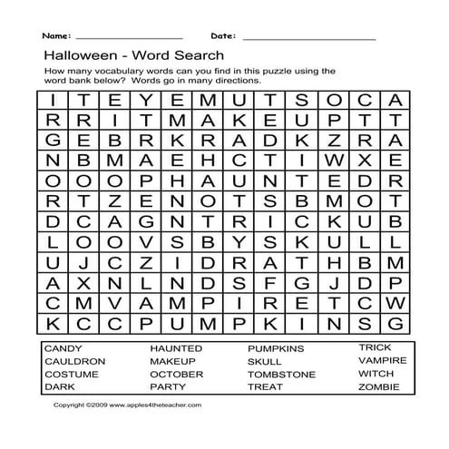 Printable halloween word search puzzle spooky halloween worksheets | PDF