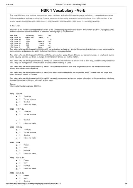 Printable quiz hsk 2 vocabulary adjective, adverb, prenoun, number ...