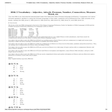 Printable quiz hsk 2 vocabulary adjective, adverb, prenoun, number ...