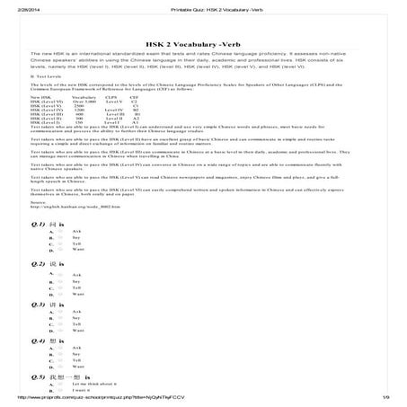 Printable quiz hsk 2 vocabulary verb | PDF