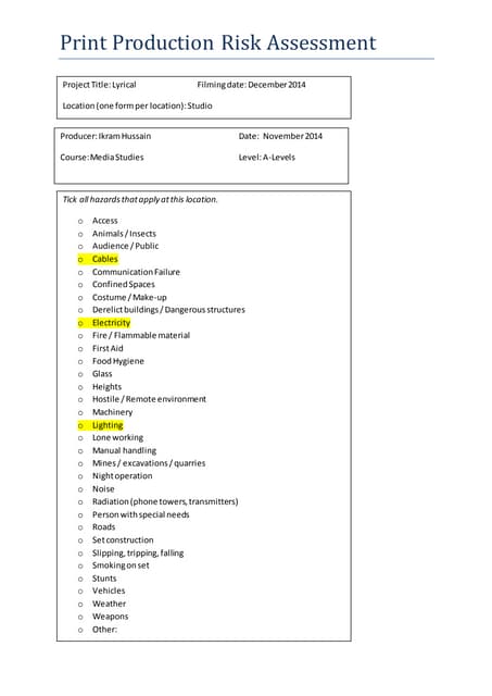 Risk Assessment NPA Media Studio | PDF