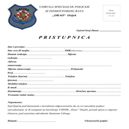 Pristupnica udruga specijalne policije | DOC