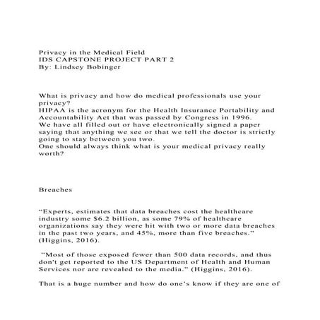 Privacy in the Medical FieldIDS CAPSTONE PROJECT PART 2By L.docx