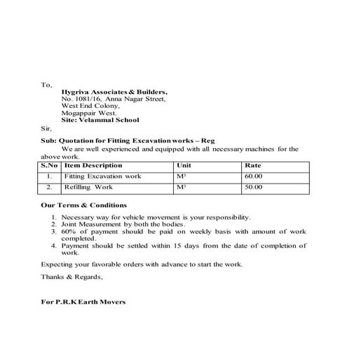 PRK fitting excavation Quote Format | DOCX