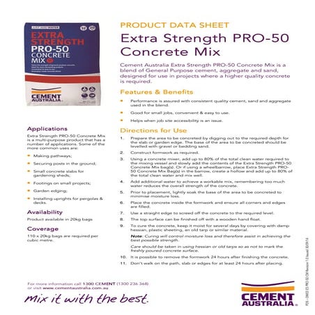 Cement Australia - Extra Strength PRO-50 Concrete Mix | PDF