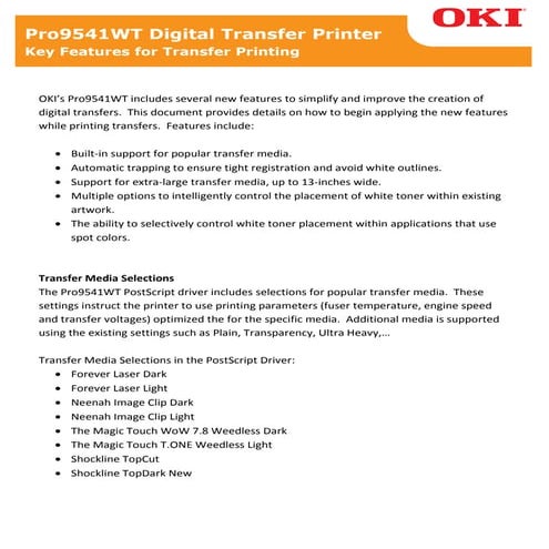 OKI Pro9541WT Transfer Printer | PDF